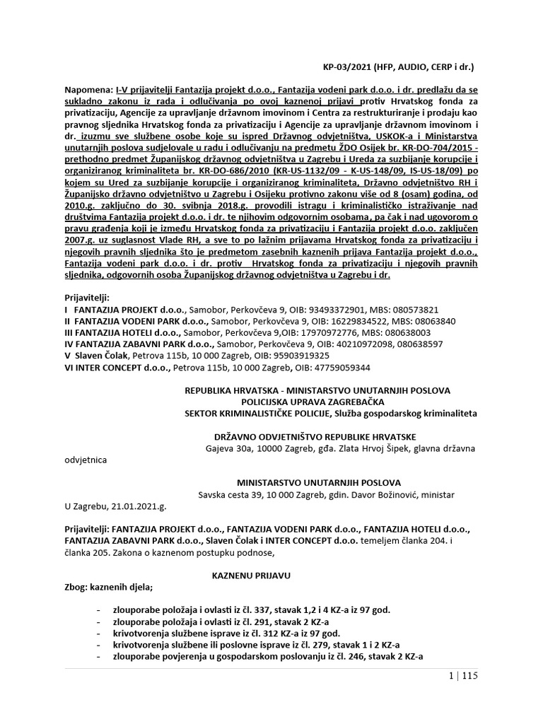 Kaznena Prijava Fantazija Grupe - 03-2021 Protiv HFP, AUDIO, CERP I Dr. | PDF