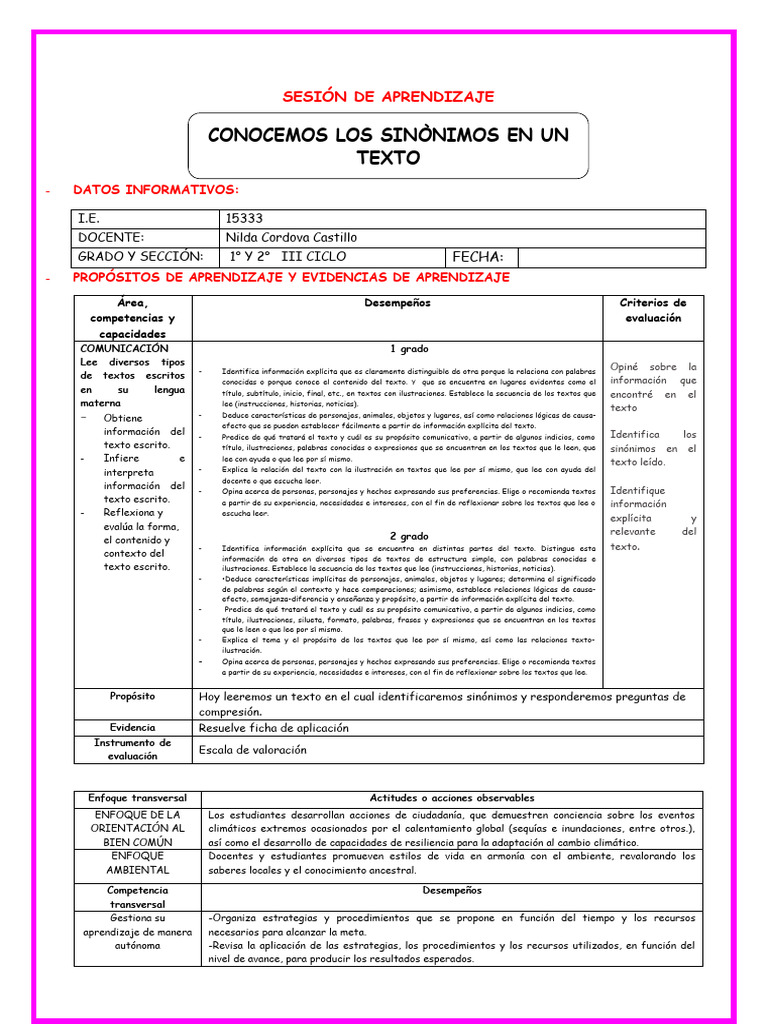 U5 S1 Sesion D3 Com Conocemos Sinonimos en Un Texto | PDF | Aprendizaje | Cambio climático