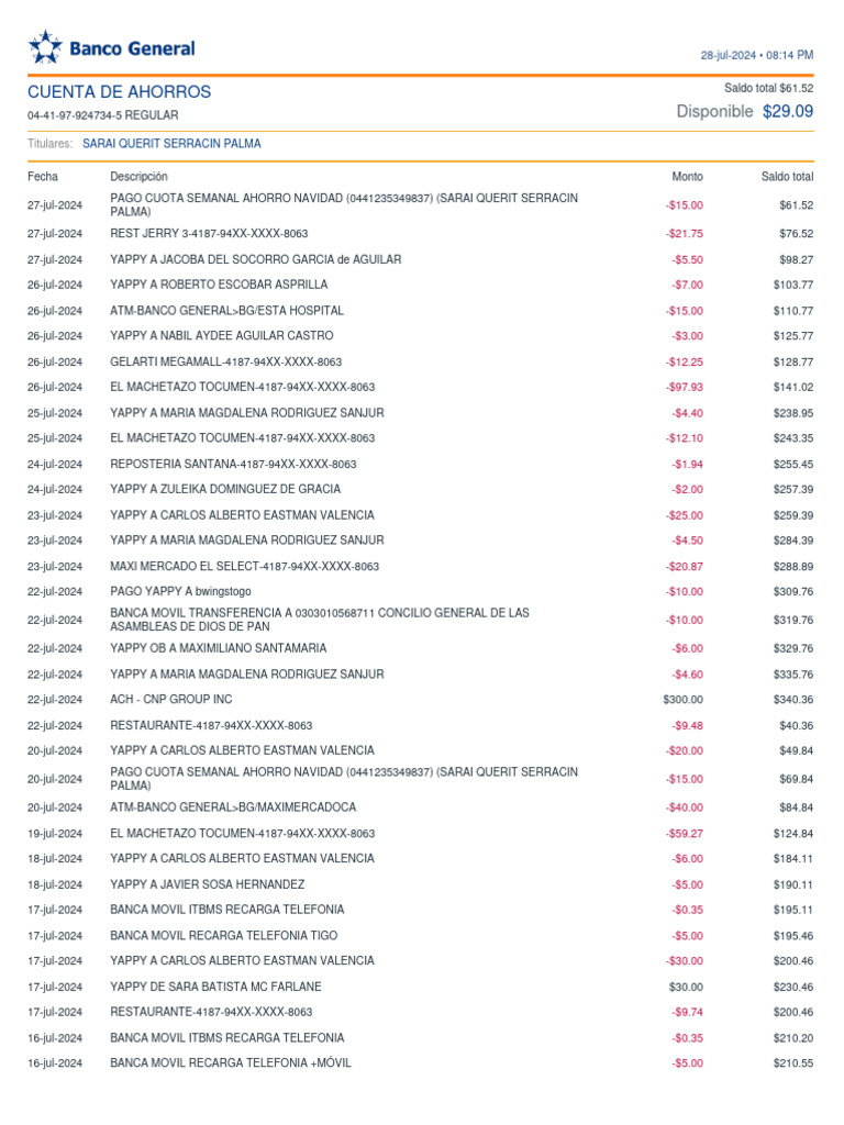 Ultimos Movimientos Cuenta de Ahorros 2024-07-28 | PDF