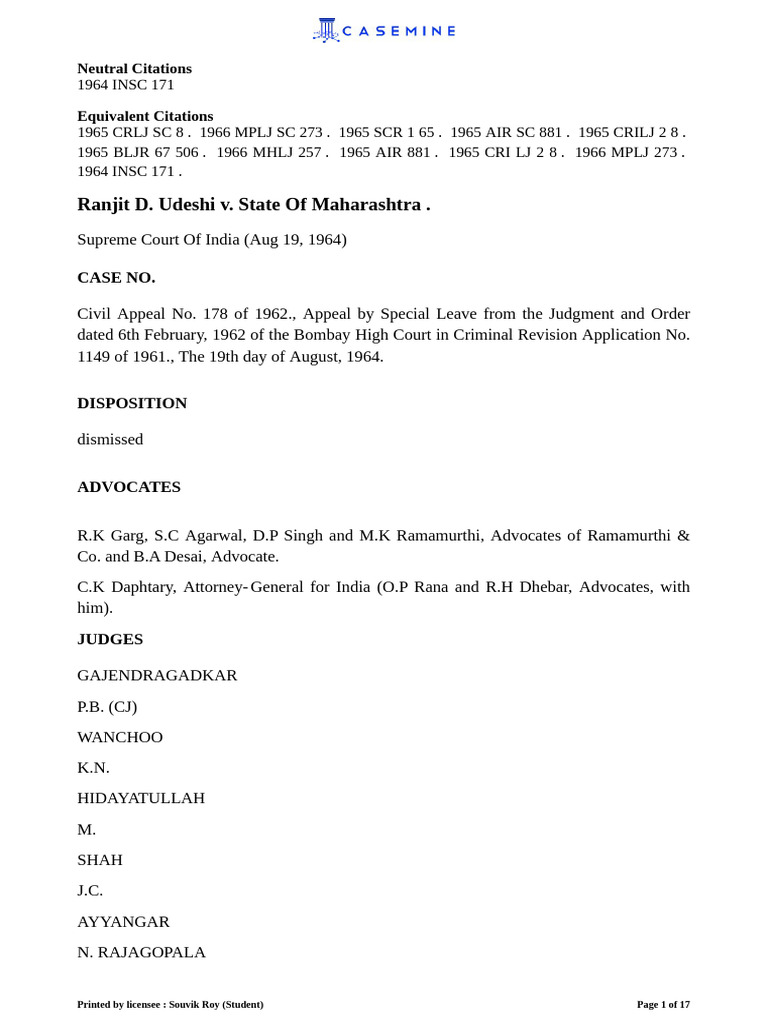 Supreme Court Ruling on Obscenity Case | PDF | Obscenity | Mens Rea