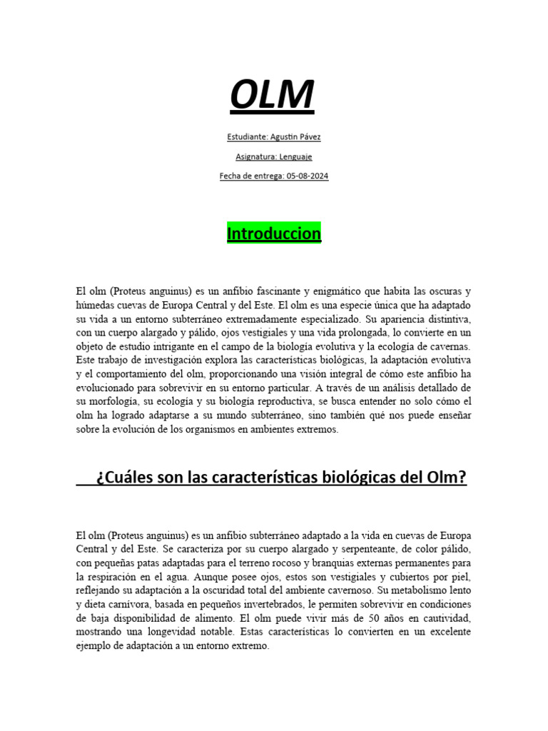 Adaptaciones del Olm en Cuevas Europeas | PDF | Evolución | Adaptación