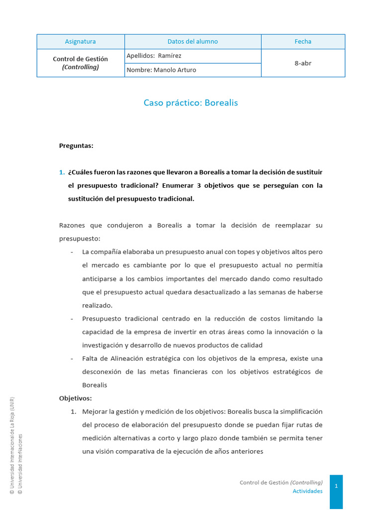 Caso Practico Borealis | PDF | Business | Presupuesto