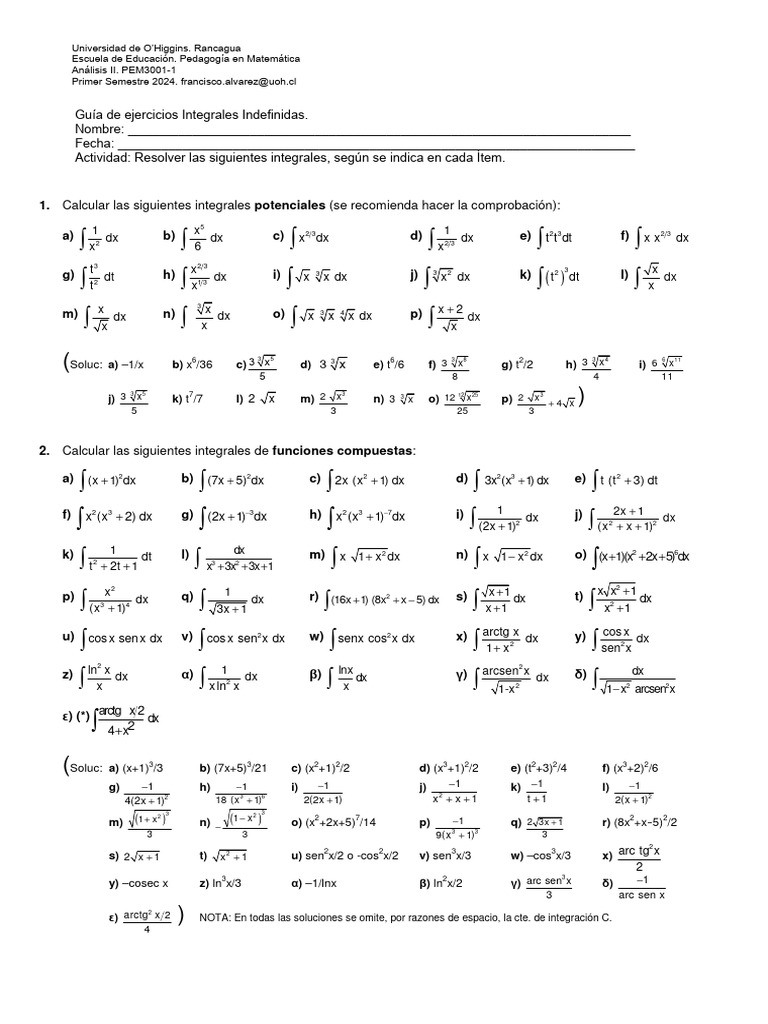 Analisis II Guia Ejercicios Integral Indefinida - 1 | PDF | Integral | Álgebra