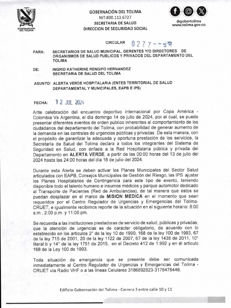 Circular 0277 Alerta Verde Hospitalaria | PDF