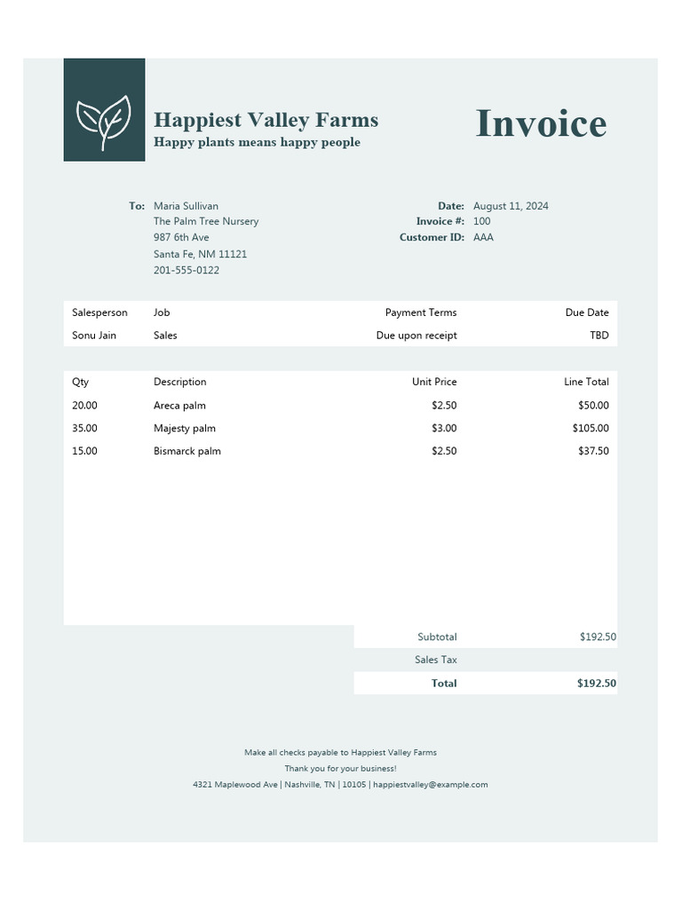 Invoice for Palm Tree Nursery | PDF