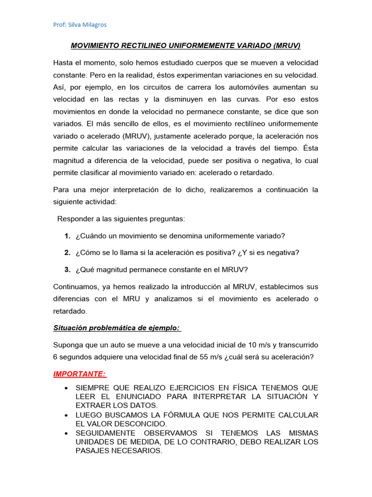 Movimiento Rectilineo Uniformemente Variado Mruv Teoría y Actividad | PDF | Velocidad | Aceleración