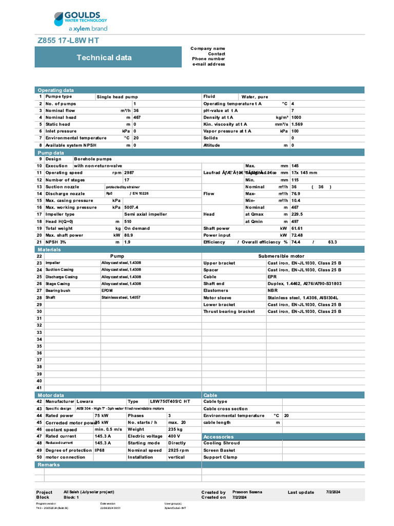 Technical Data: Z855 17-L8W HT | PDF | Pump | Chemical Engineering