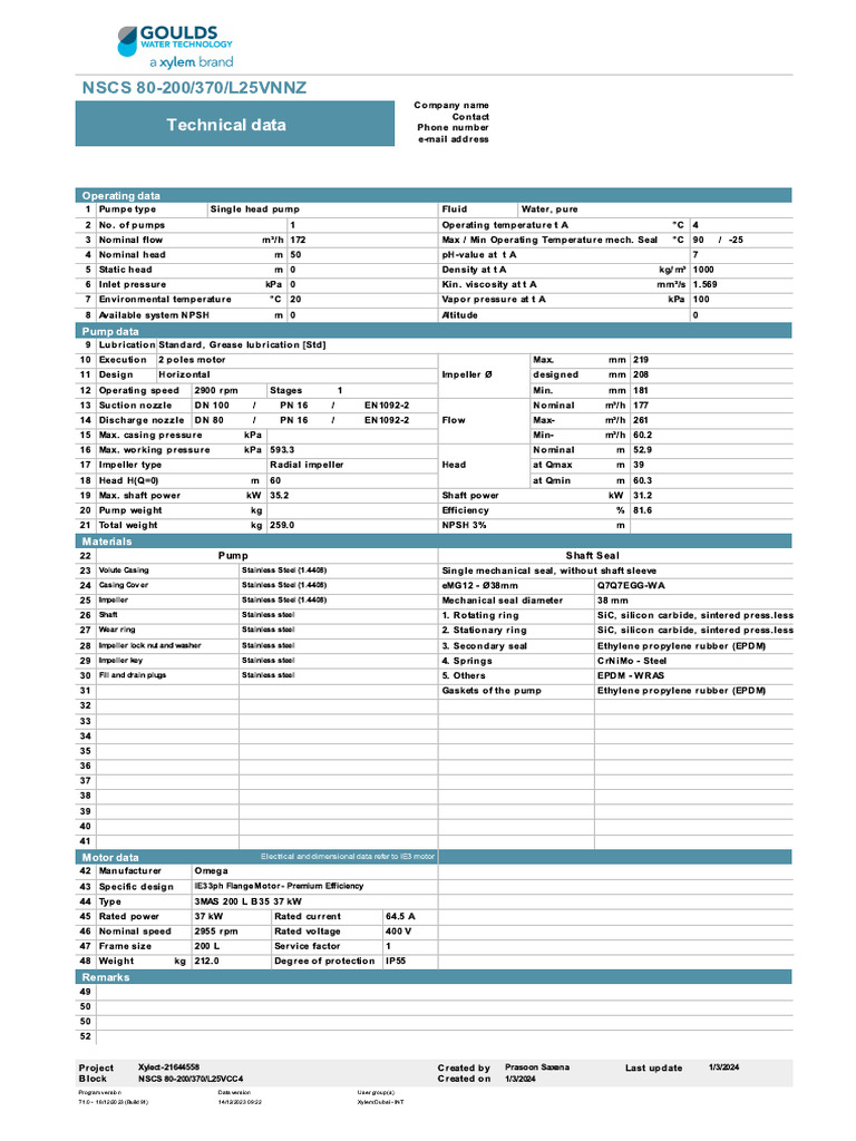 Technical Data: NSCS 80-200/370/L25VNNZ | PDF | Pump | Mechanical Engineering