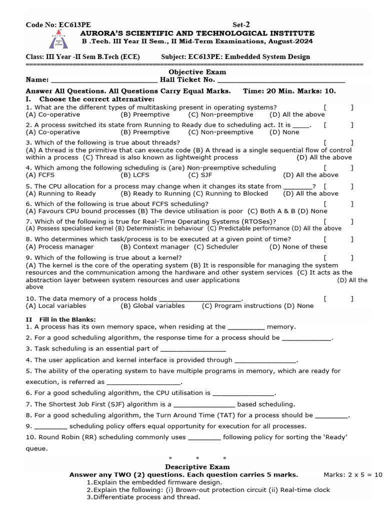 III-II Ece - Esd Mid 2 - Set-2 | PDF | Scheduling (Computing) | Process (Computing)