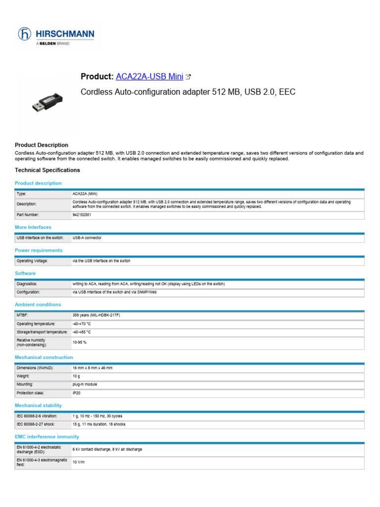 ACA22A-USBMini Techdata | PDF | Usb | Information