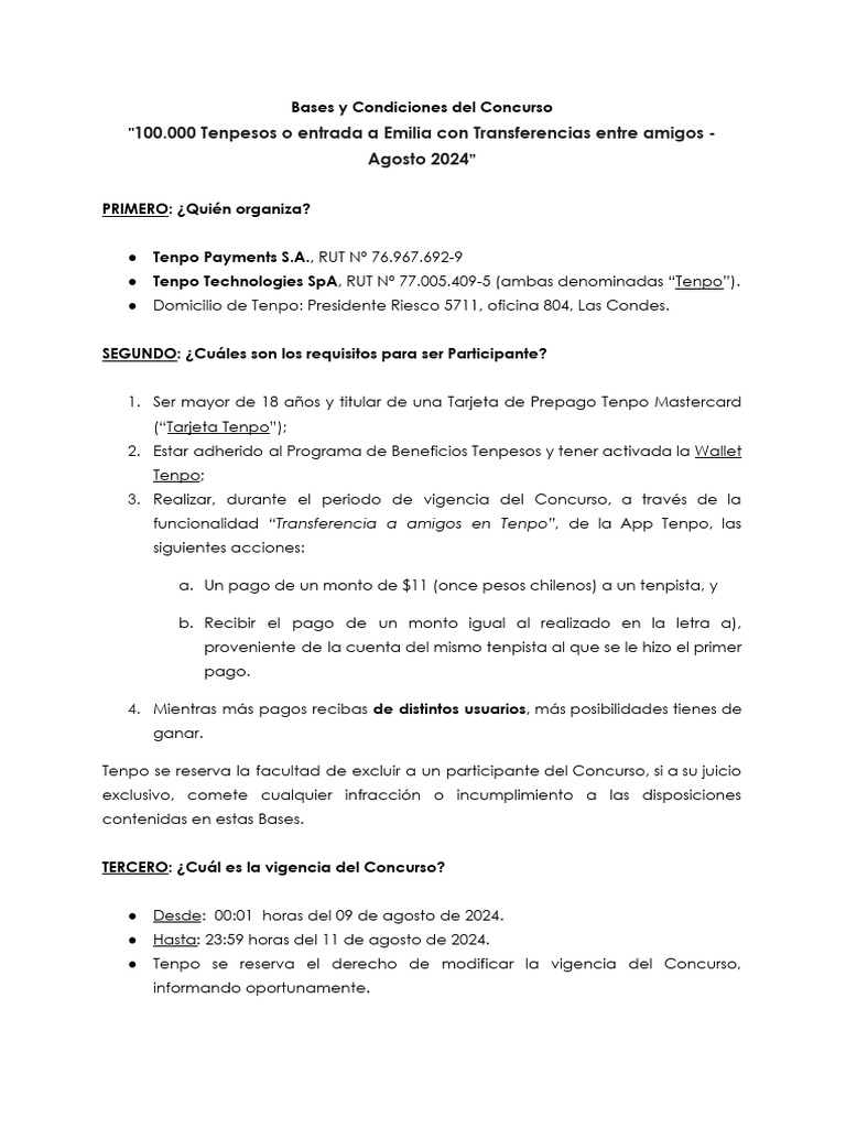 Bases 100000 Tenpesos o Entrada A Emilia Transferencia Entre Amigos | PDF