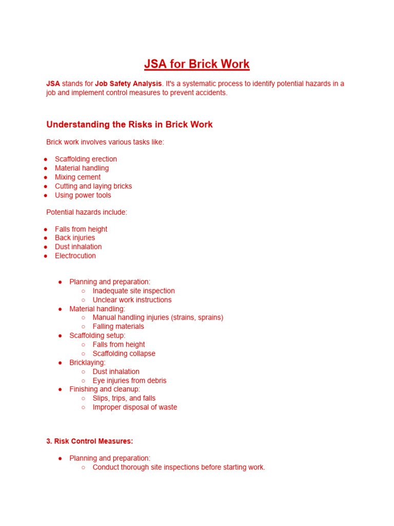 Jsa For Brick Work - 240805 - 154153 | PDF | Personal Protective ...