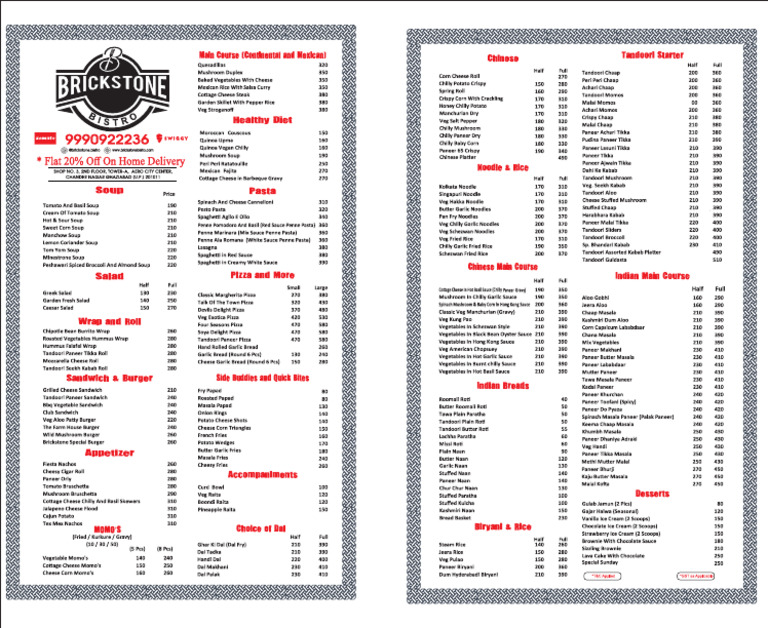Brickstone Bistro Menu With Discount | PDF