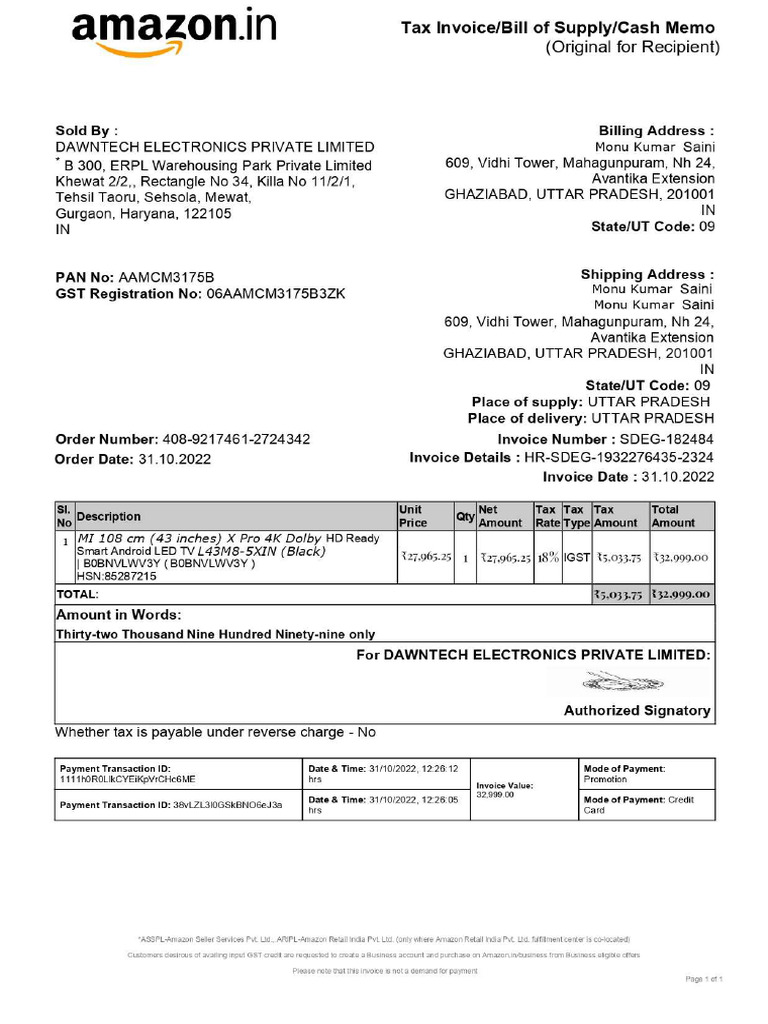 MI LED TV Invoice-Original | PDF