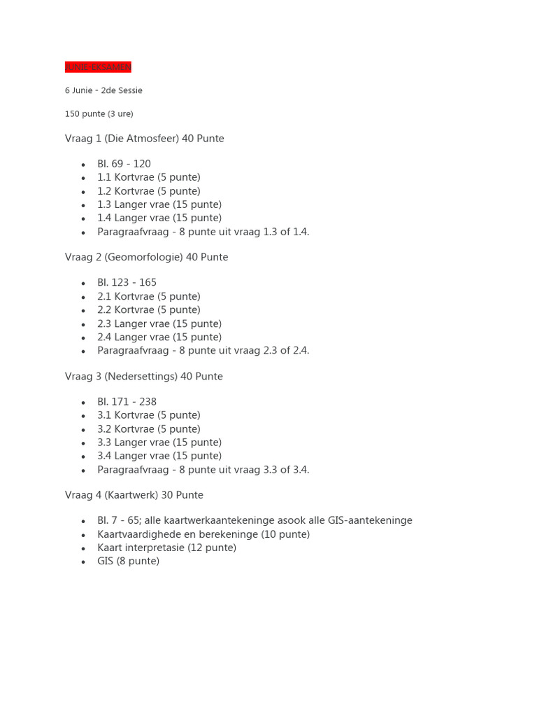 Junie 2024 Eksamen Afbakening | PDF