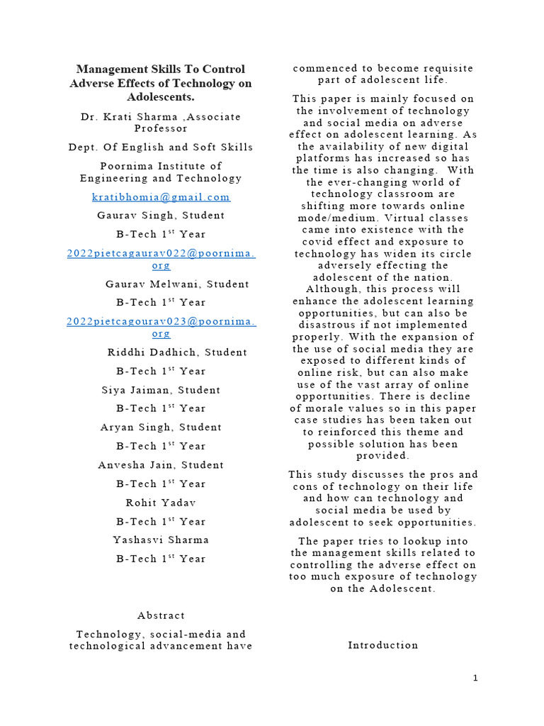 Adverse Effect On Adolescent On The Use of Technology | PDF | Social ...