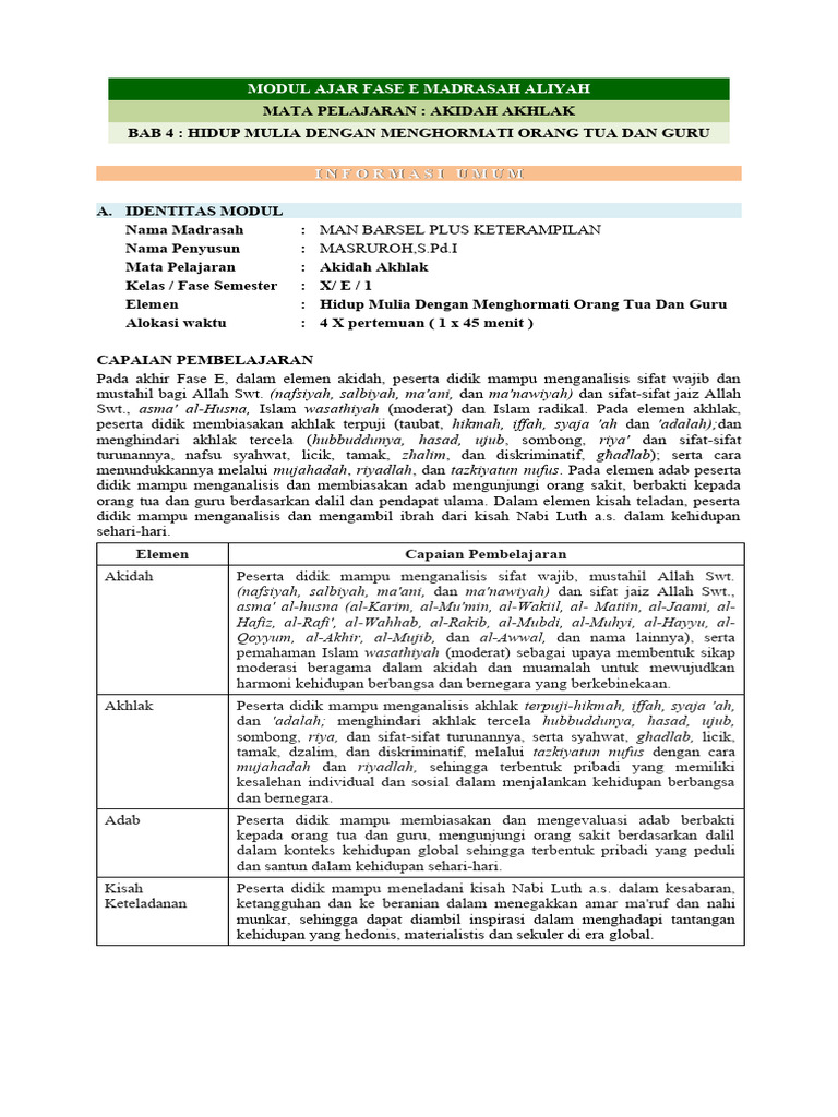 Modul Aka 10 Bab 4 - Menghormati Orang Tua Dan Guru | PDF