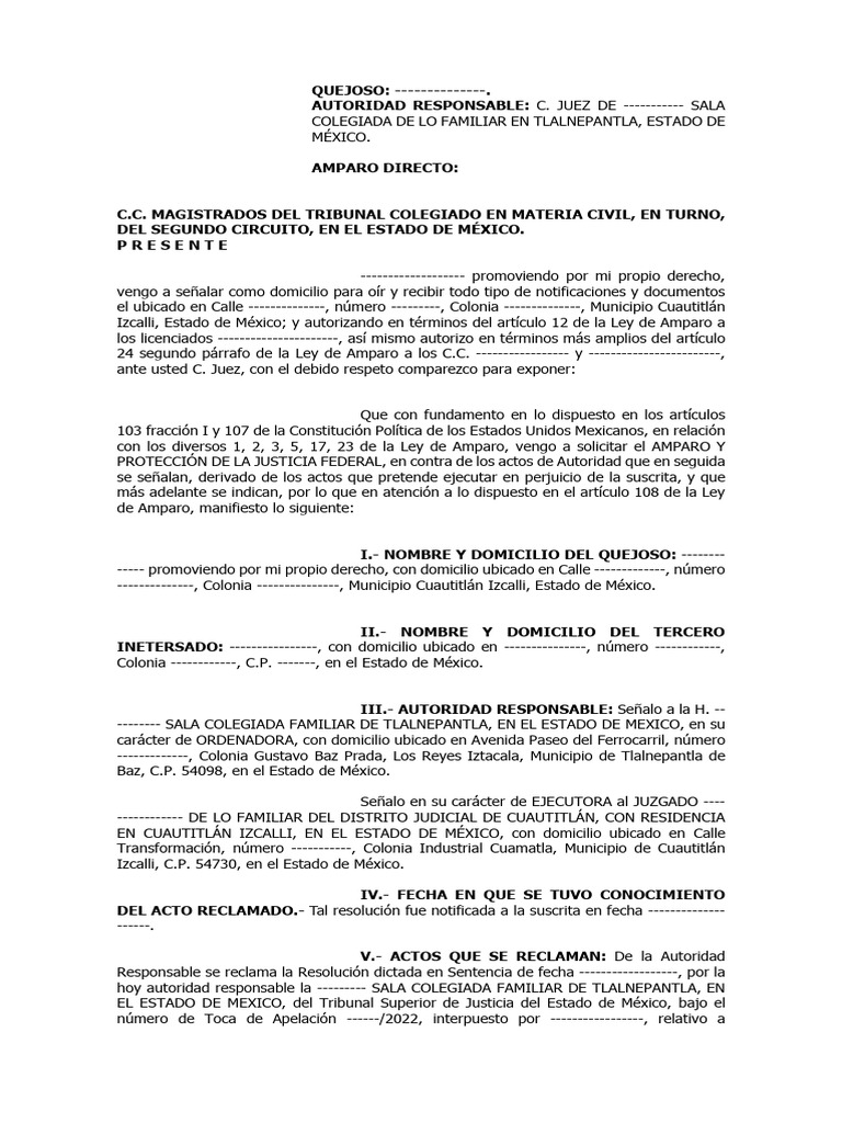 Ejemplo Amparo Directo Familiar | PDF | Sentencia (ley) | Judicaturas