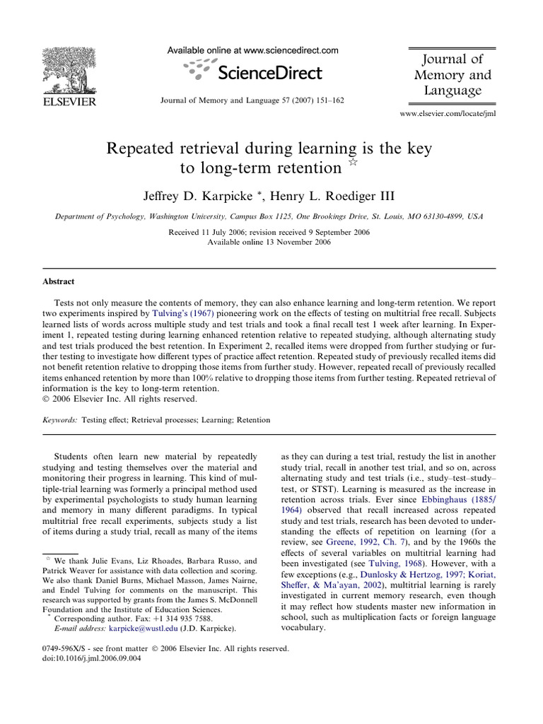 Repeated Retrieval During Learning Is TH | PDF | Recall (Memory) | Memory