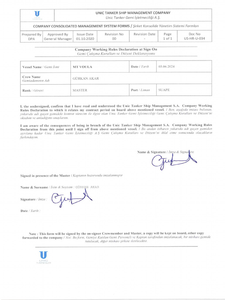 US-HR-U-034 Company Working Rules Declaration at Sign On | PDF