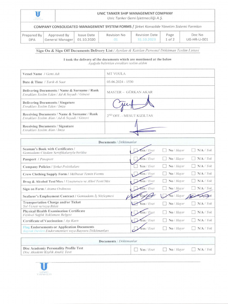 UG-HR-U-001 Sign On & Sign Off Documents Delivery List | PDF
