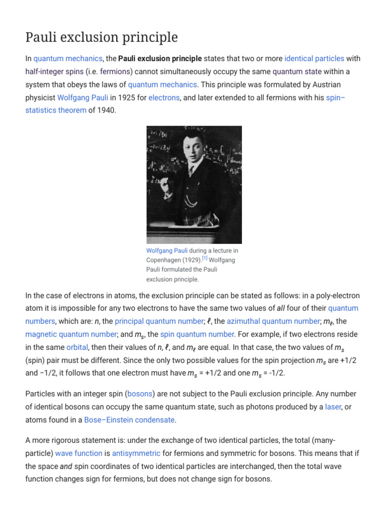 Pauli Exclusion Principle - Wikipedia | PDF | Spin (Physics) | Electron