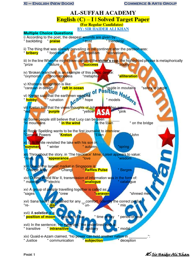 Solved Target Paper - XI ENGLISH - REGULAR - by Sir Haider Ali Khan - ALSUFFAH ACADEMY | PDF | Books