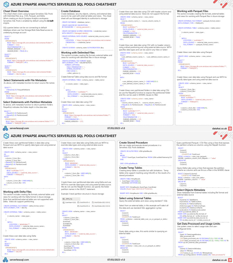 Azure Synapse Serverless SQL Pools Cheat Sheet | PDF | Databases | File Format