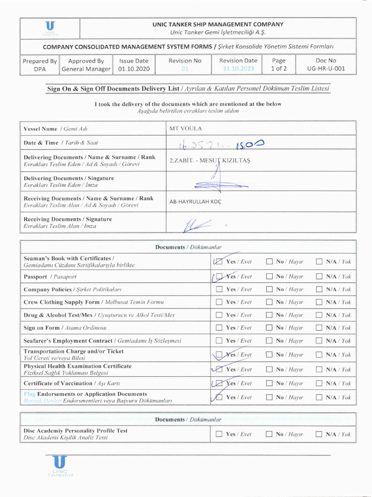 UG-HR-U-001 Sign On & Sign Off Documents Delivery List | PDF