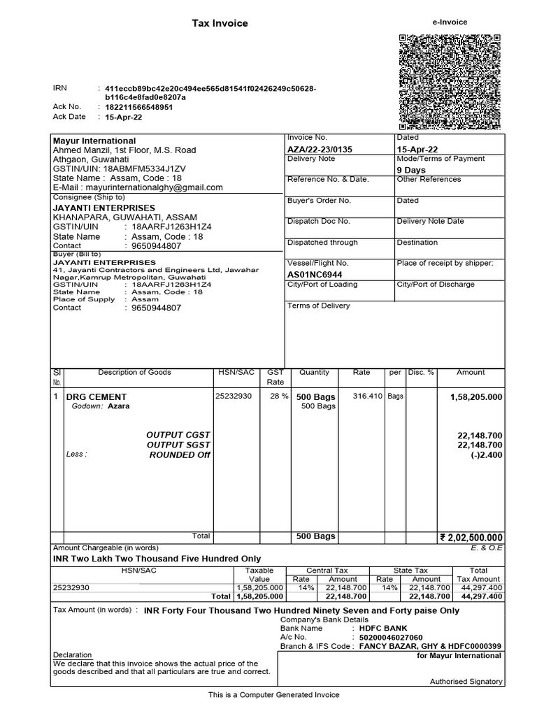 Tax Invoice for Mayur International | PDF | Taxation | Payments