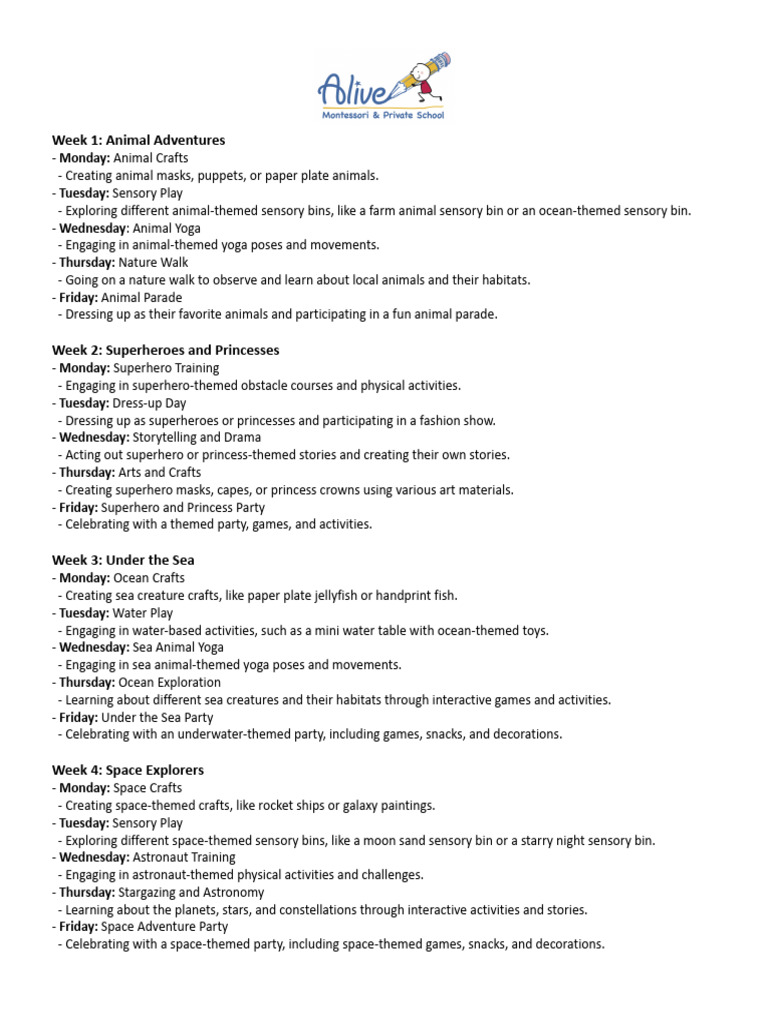 Weekly Themed Summer Camp Activities | PDF | Theatre | Puppetry