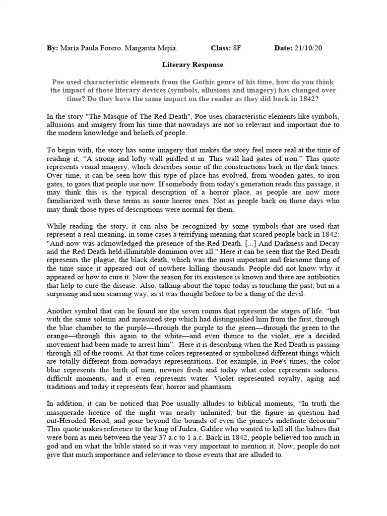 Literary Response The Masque of The Red Death | PDF