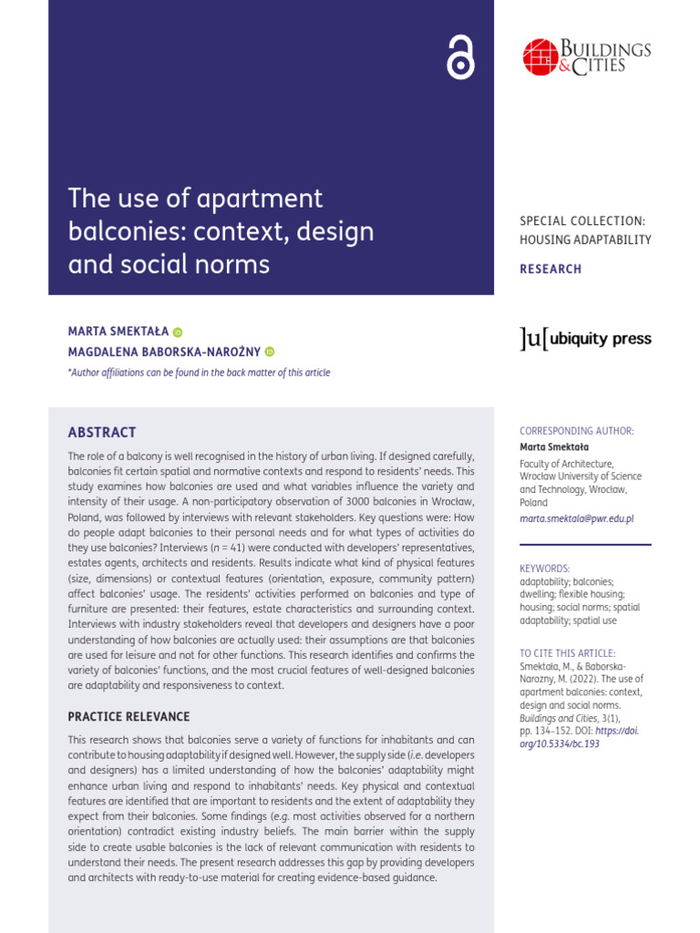 The Use of Apartment Balconies Context Design and | PDF | Space | Apartment