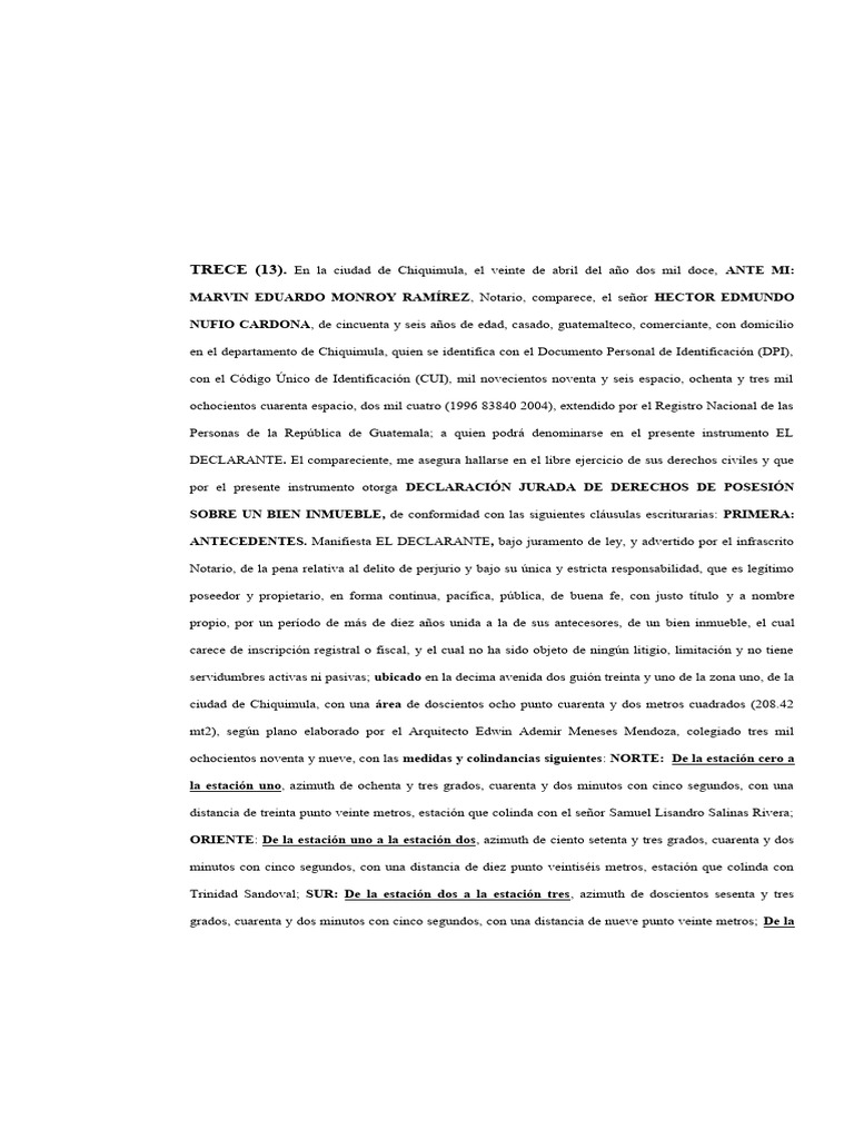Declaración Jurada de Derechos de Posesión de Bien Inmueble | PDF | Guatemala