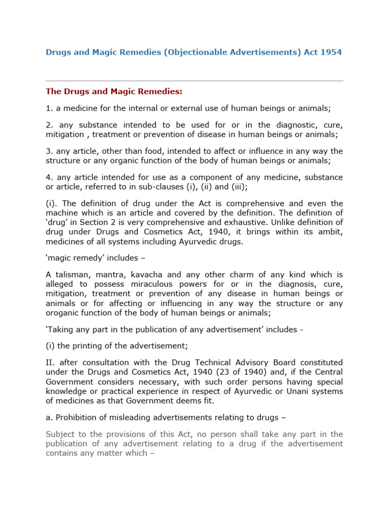 Drugs and Magic Remedies Act, 1954 | PDF | Drugs | Medical Diagnosis
