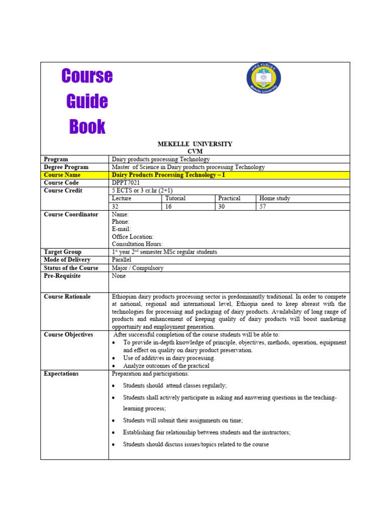Course Outline For Course Dairy Products Processing Technology - I | PDF | Food Preservation | Milk