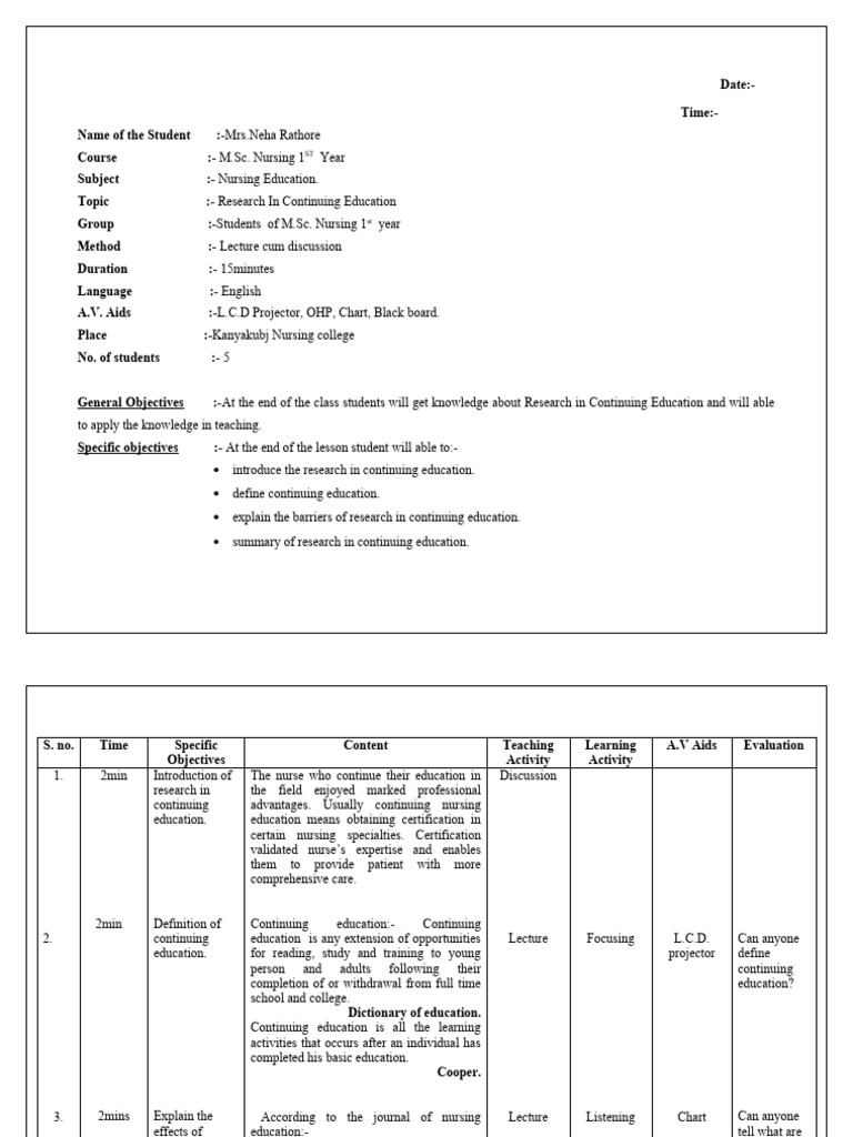 Lesson Plan Micro Teaching On Continue Education | PDF | Nursing | Cognition