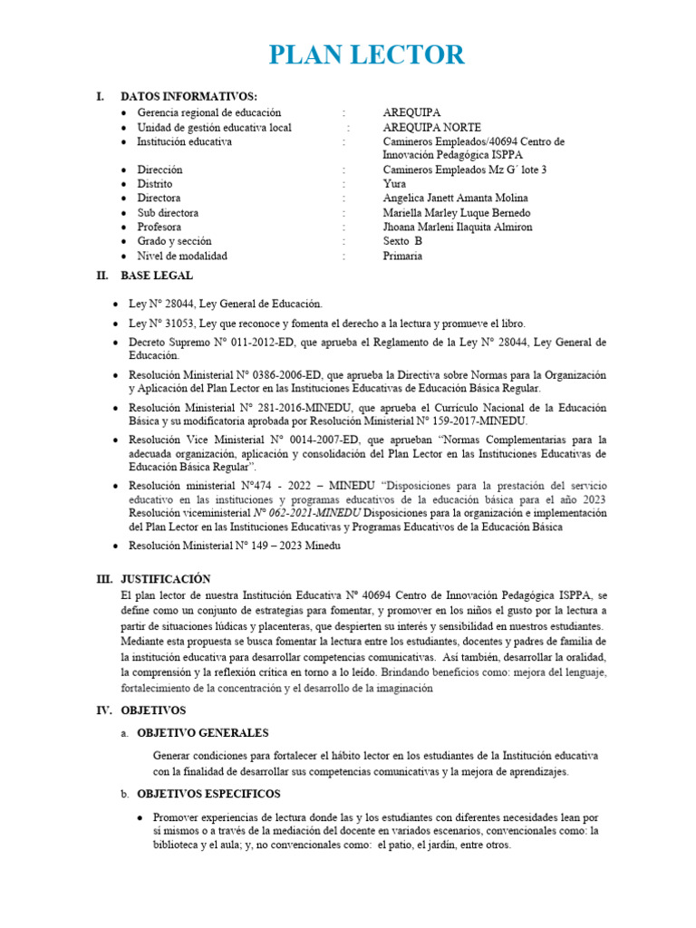 PLAN LECTOR | PDF | Escuelas | Cognición