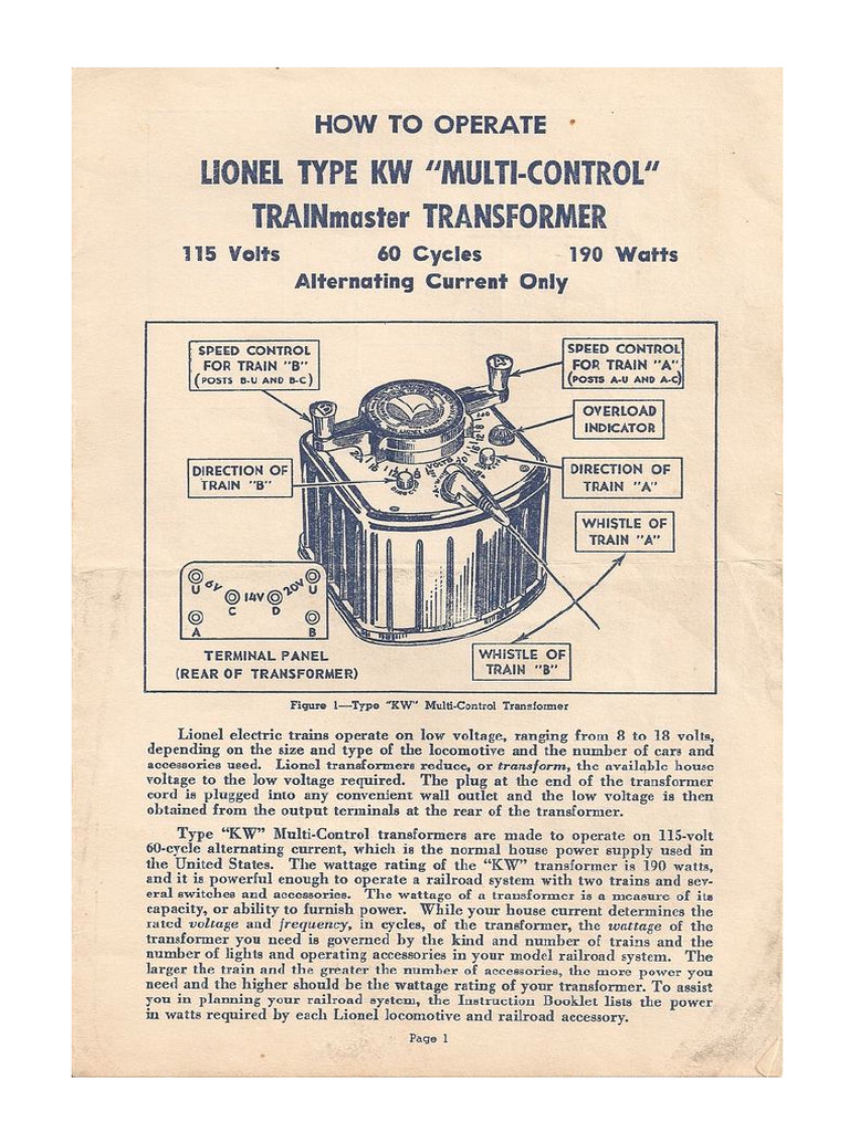 LIONEL KW Transformer Manual | PDF