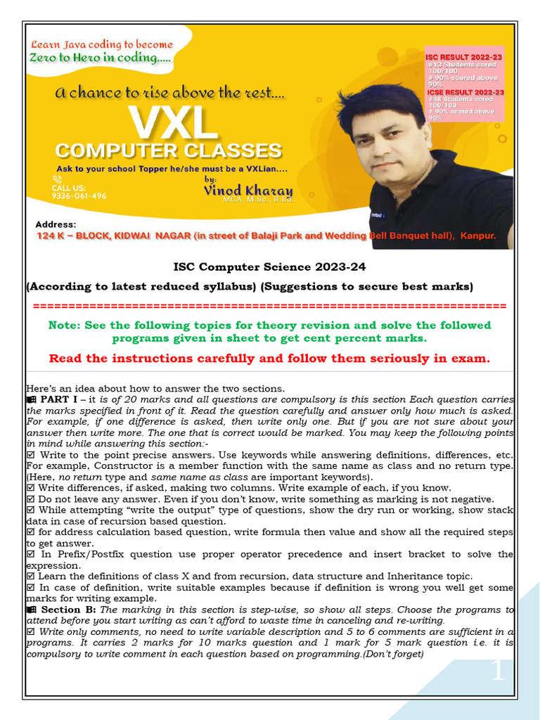 Isc Important Sheet By Vxl 2023 24 Color 1 Pdf Constructor Object Oriented Programming