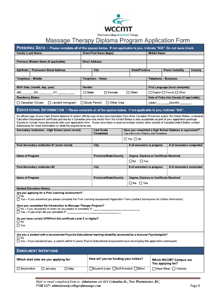 Massage Therapy Diploma Program Application Form | PDF