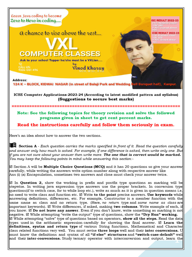 Icse Important Sheet by VXL 2023-24 Color | PDF | Constructor (Object Oriented Programming ...