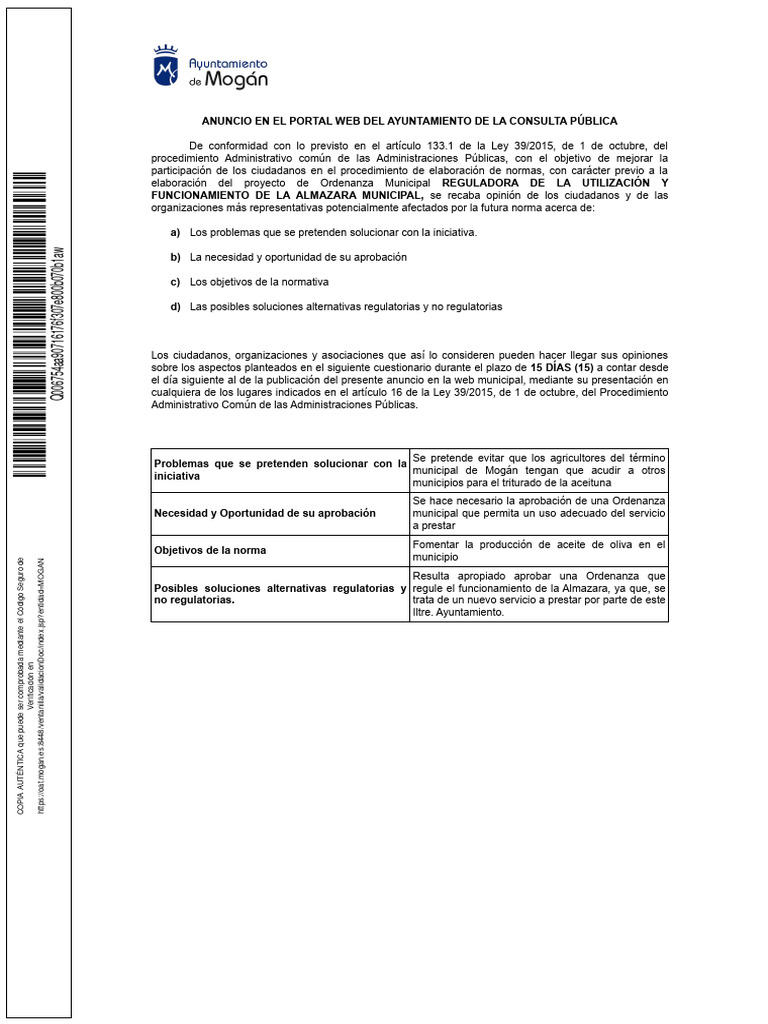 Consulta Previa para La Elaboraci N de Ordenanza Municipal Reguladora de La Utilizaci N y ...