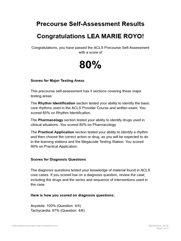 AHA Elearning - ACLS Precourse Self-Assessment and Precourse Work | PDF ...