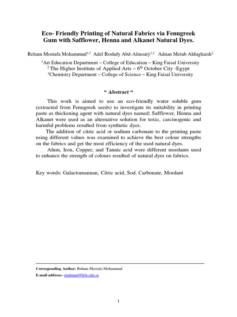 Eco - Friendly Printing of Natural Fabrics Via Fenugreek Gum With Safflower, Henna and Alkanet ...