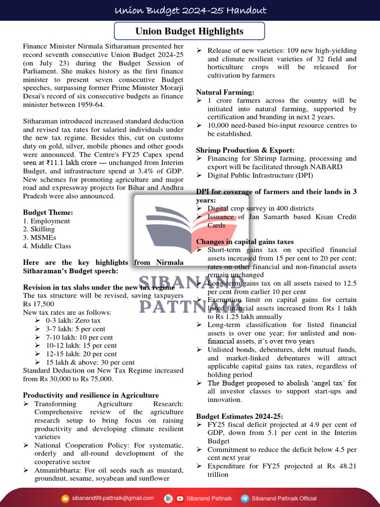 Union Budget 2024-25 Overview | PDF | Government Budget Balance | Taxes