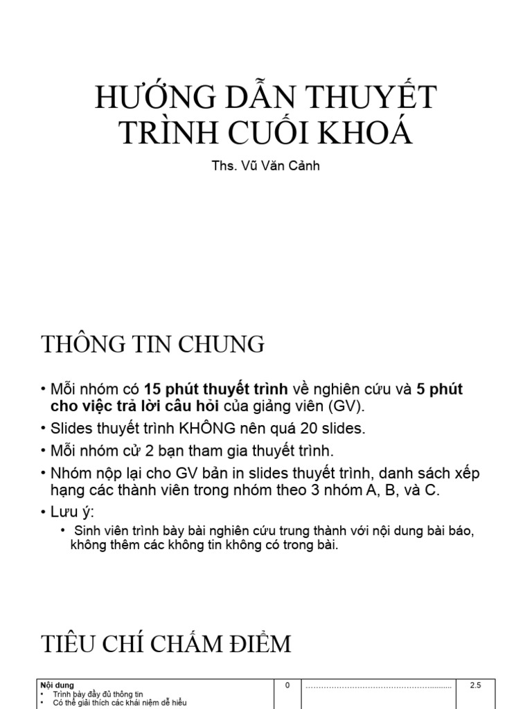 Hướng Dẫn Về Bài Thuyết Trình Cuối Khoá - NCKH - Ths Vũ Văn Cảnh | PDF