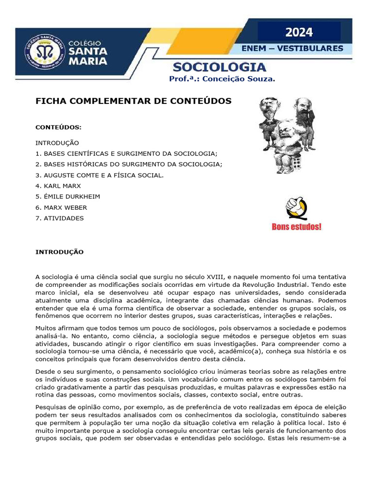 Ficha Complementar de Conteúdos - Sociologia - Clássicos Europeus | PDF | Sociologia | Science