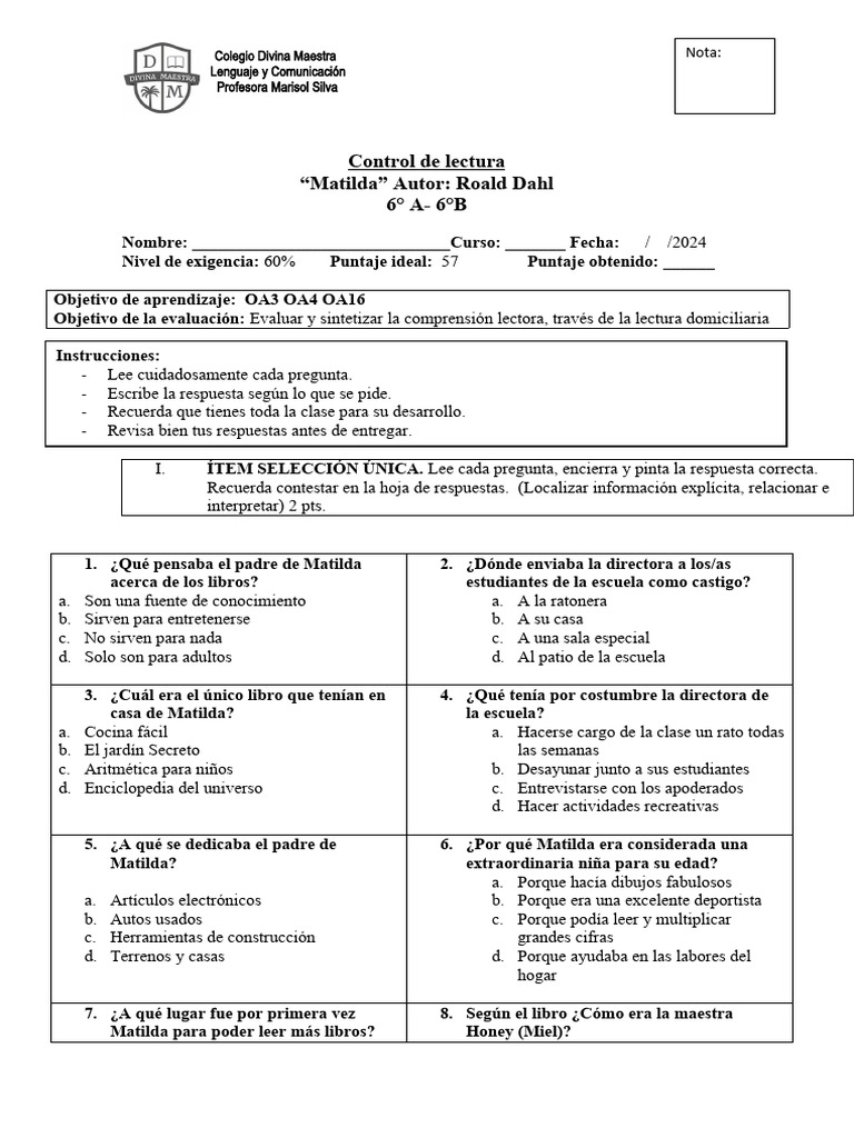 Control de Lectura 6° Matilda | PDF