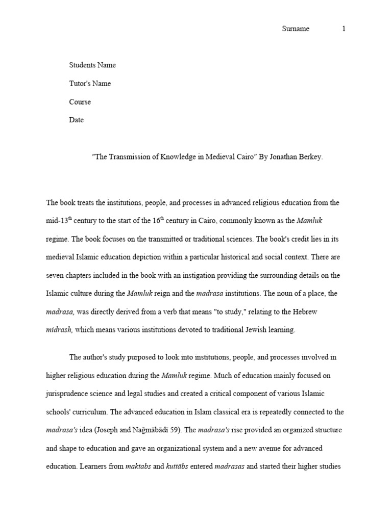 Book Review On The Transmission of Knowledge in Medieval Cairo by ...